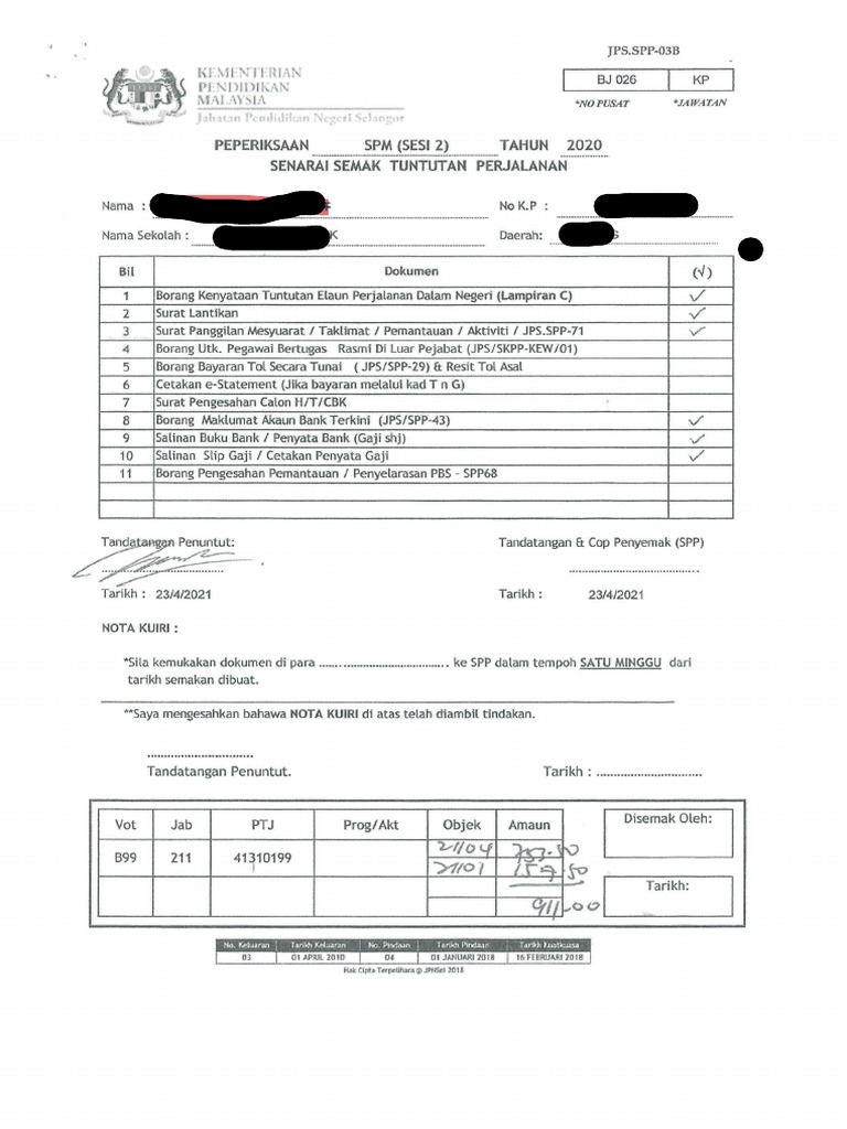 Contoh Borang Tuntutan Perjalanan SPM 2021-Semakan | PDF