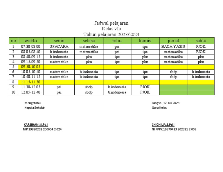 Jadwal Pelajaran Cici 2023 | PDF