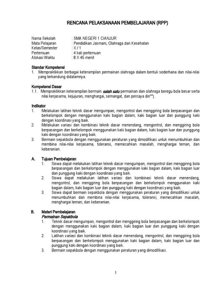 RPP Penjaskes Kelas X SEM I | PDF