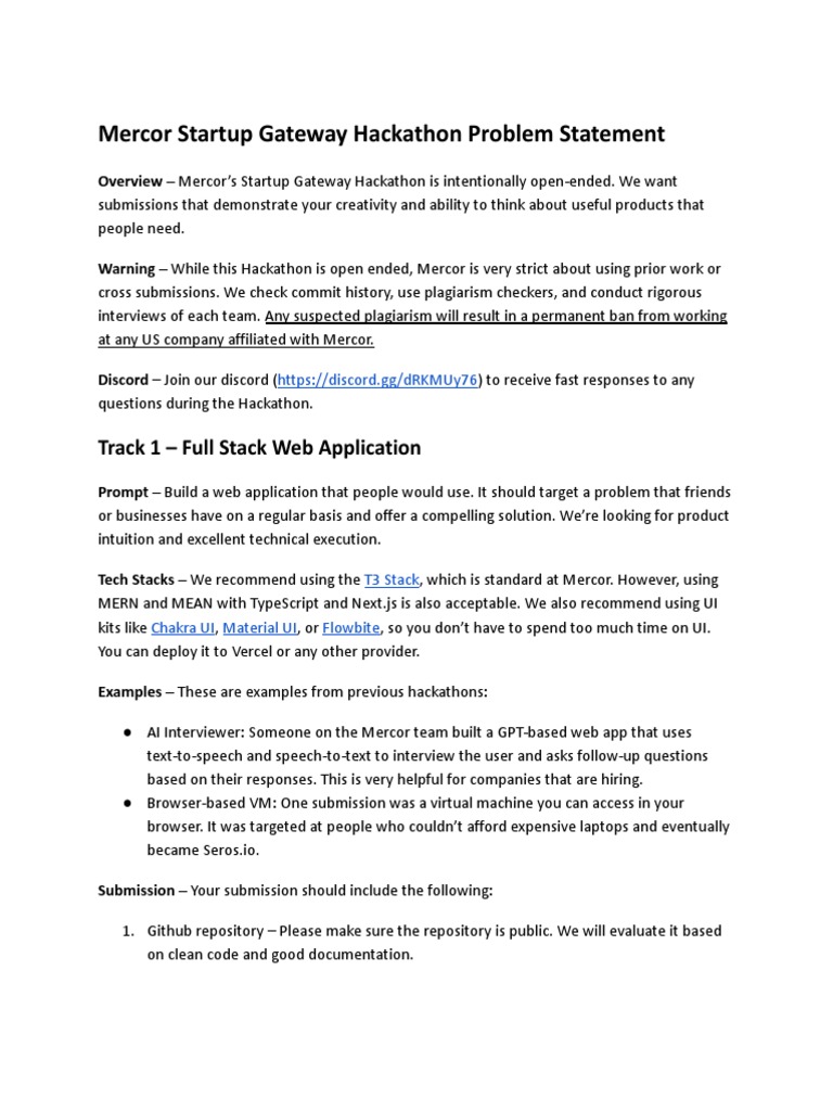 Problem Statements For Mercor's Startup Gateway Hackathon | PDF ...