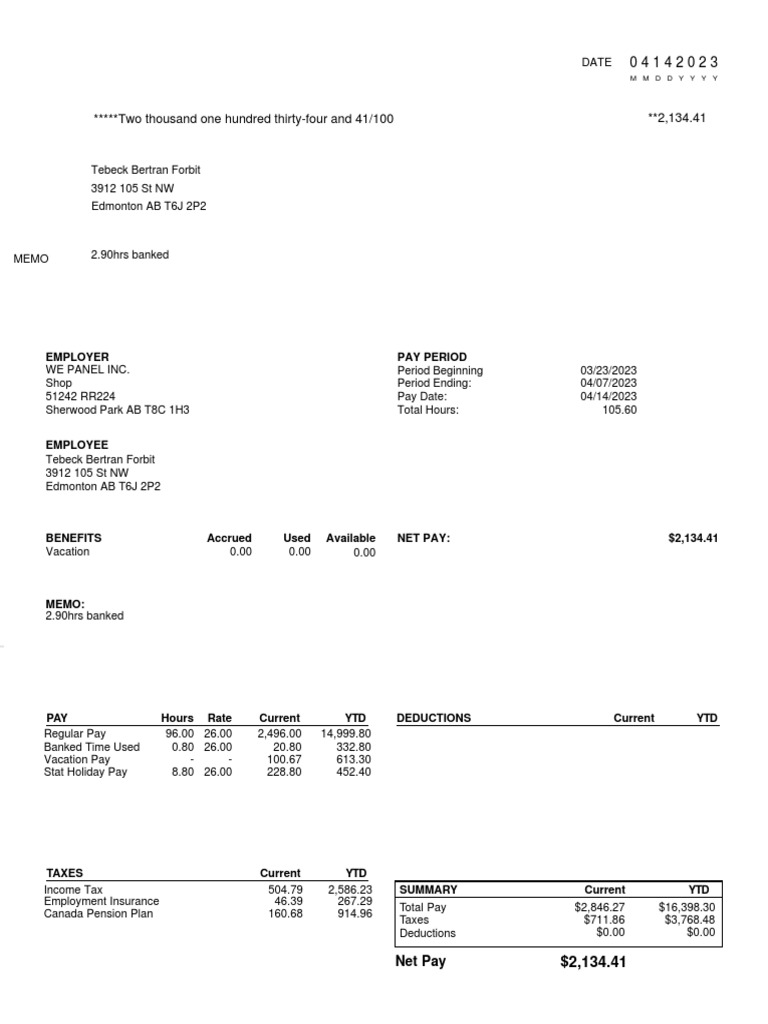 Paycheck - 2023 03 23 - 2023 04 07 | PDF | Government | Personal Finance