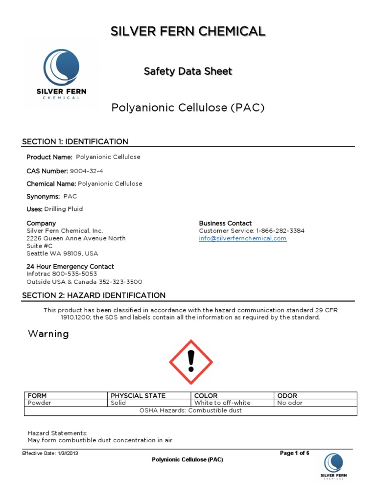 Polyanionic Cellulose PAC SDS | PDF | Dangerous Goods | Personal ...