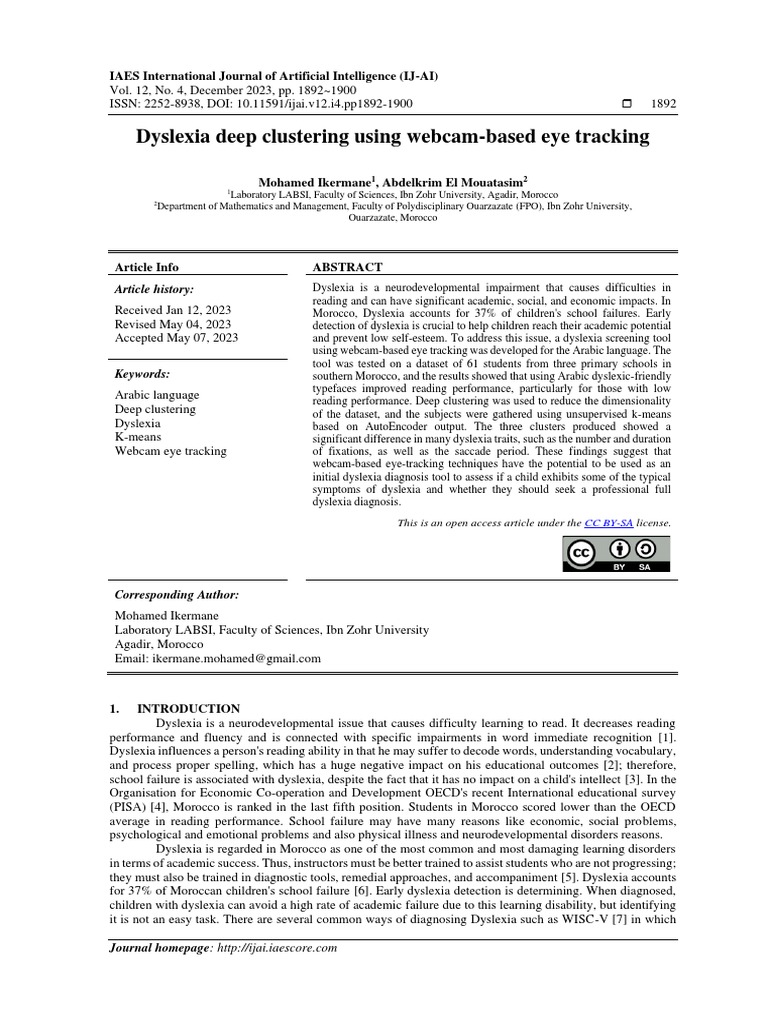 Dyslexia Deep Clustering Using Webcam-Based Eye Tracking | PDF | Dyslexia | Cluster Analysis
