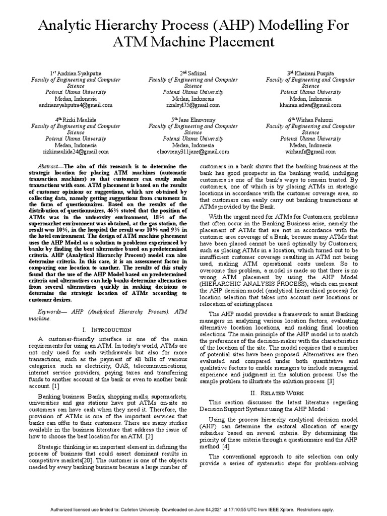 REF. 5 - Analytic Hierarchy Process AHP Modelling For ATM Machine Placement | PDF | Eigenvalues ...