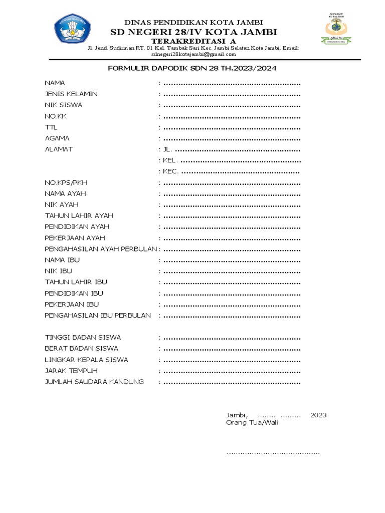 FORMULIR DAPODIK SDN 28 TH | PDF