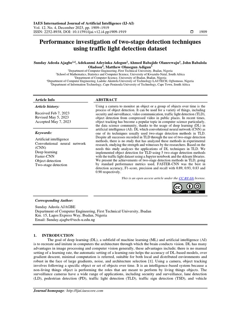 Performance Investigation Of Two Stage Detection Techniques Using Traffic Light Detection