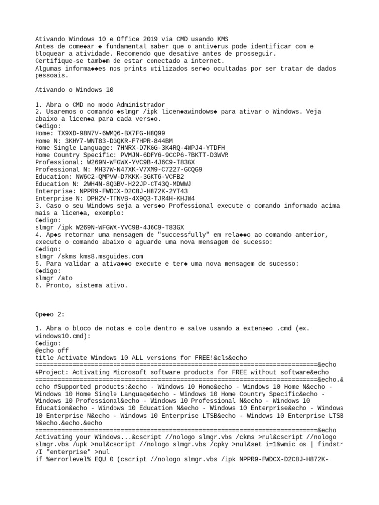 Ativando Windows 10 E Office 2019 Via Cmd Usando Kms Pdf Arquitetura X86 Engenharia Da