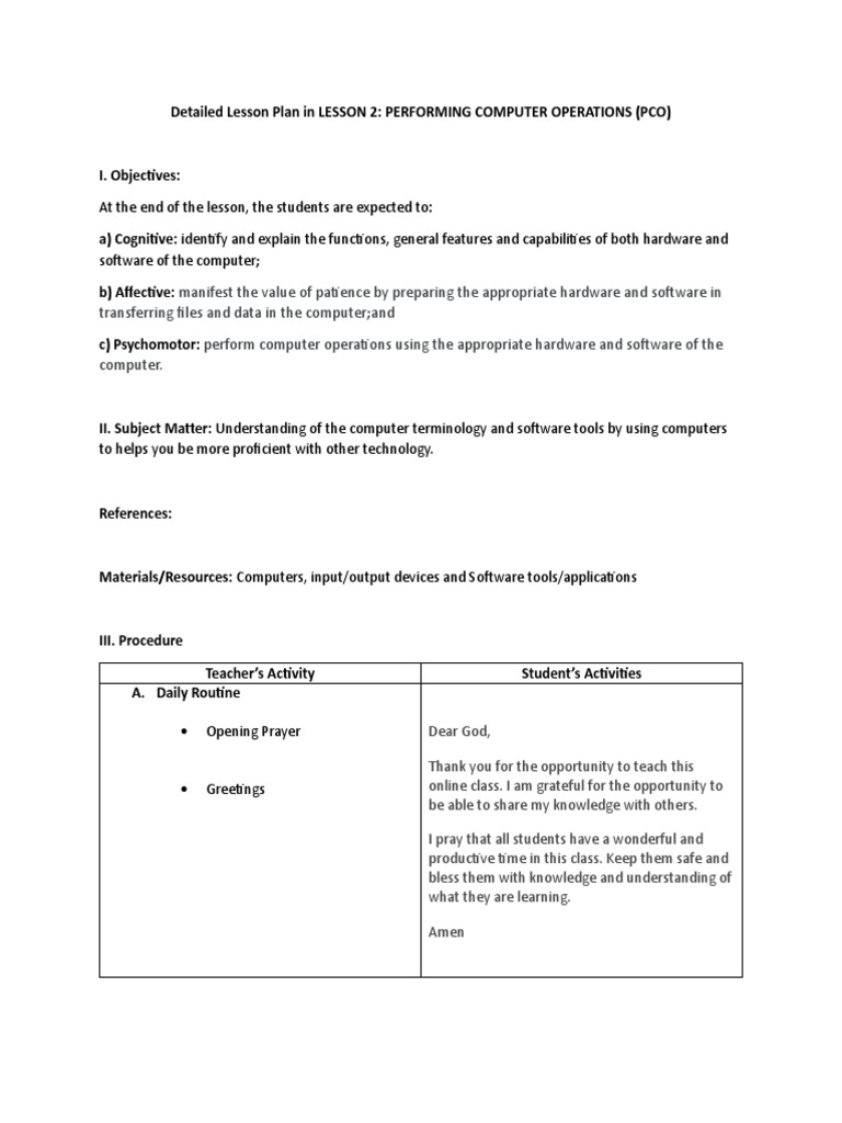 Computer Operations Lesson Plan | PDF