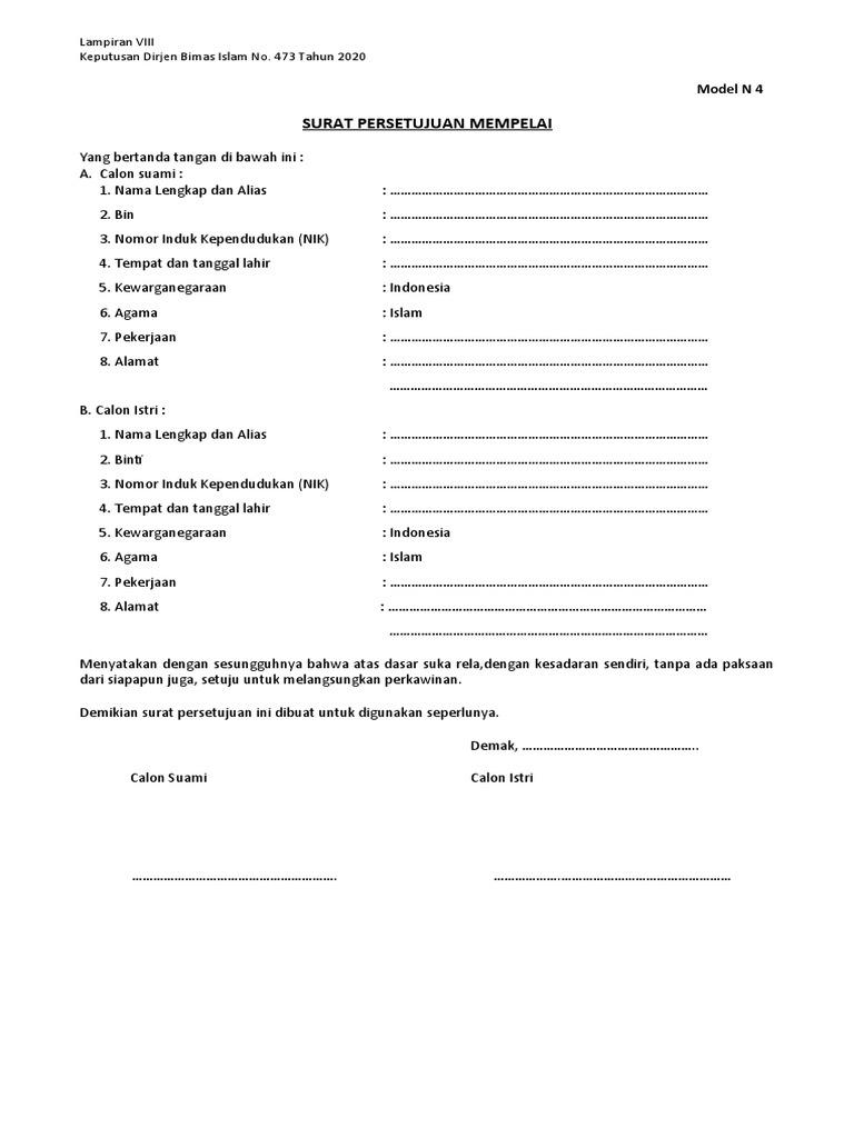 Model n4 (Surat Persetujuan Mempelai) | PDF