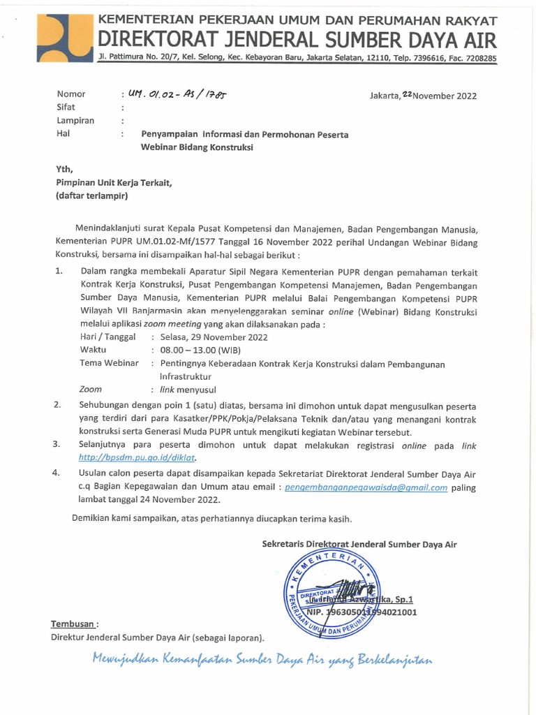 Surat Penyampaian Dan Permohonan Peserta Webinar Bidang Konstruksi | PDF