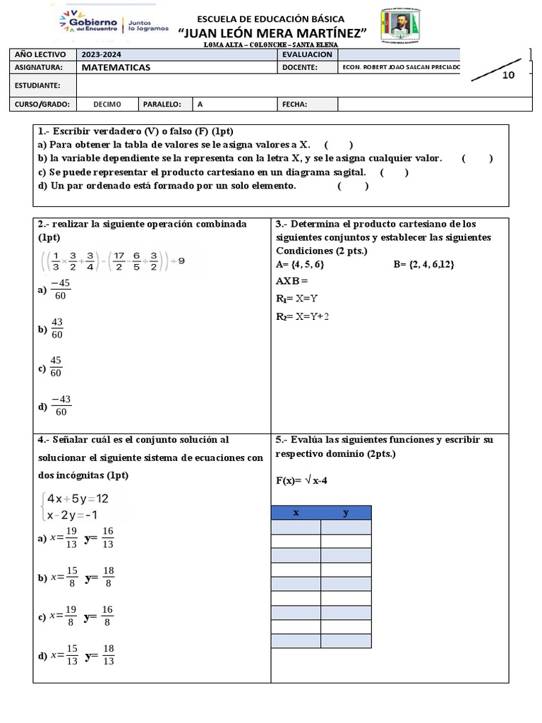 Evaluación de Matemáticas Décimo Grado | PDF | Matemáticas