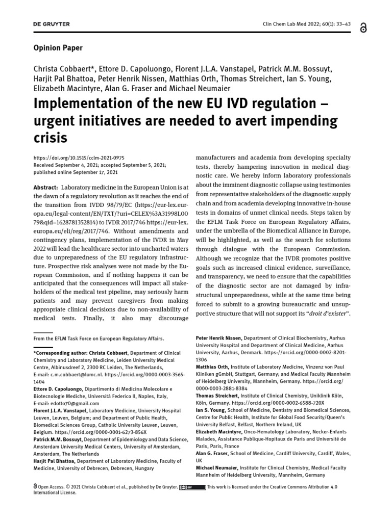 Implementation of The New EU IVD Regulation - Urge | PDF | Medical ...