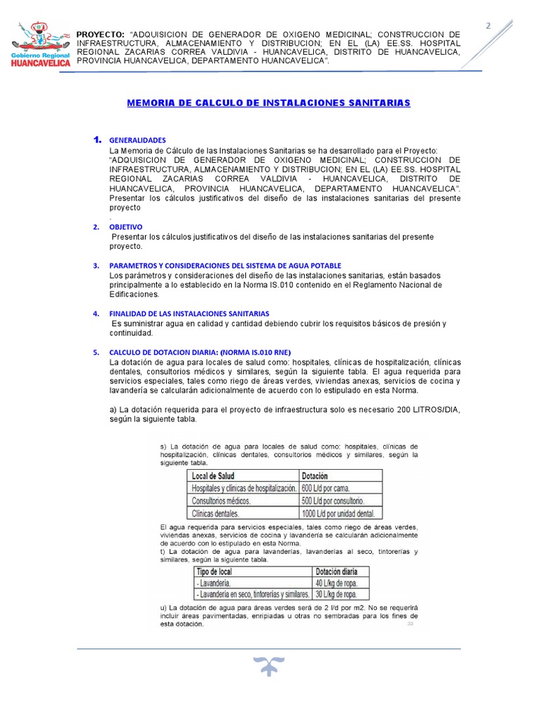 Memoria de Calculo de Instalaciones Sanitarias | PDF | Hospital | Agua Memoria de Calculo de Instalaciones Sanitarias | PDF | Hospital | Agua