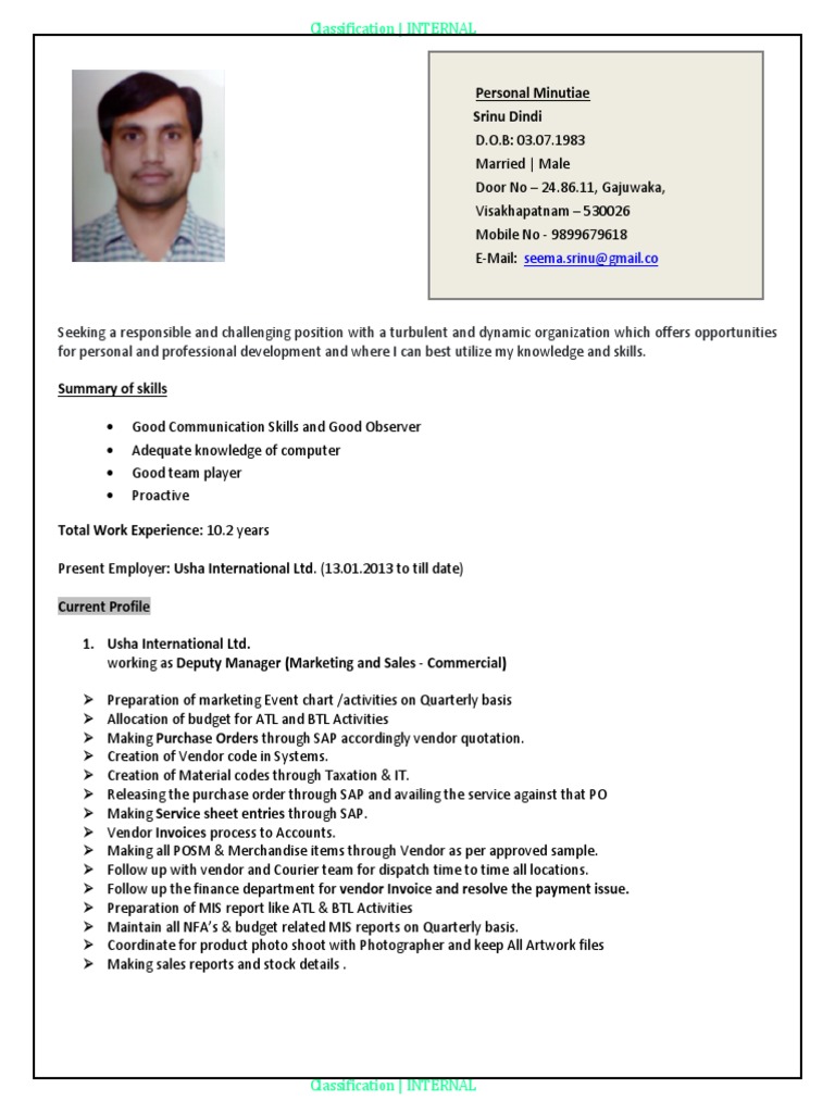 Resume Srinu Deputy Manager | PDF | Service Industries | Business