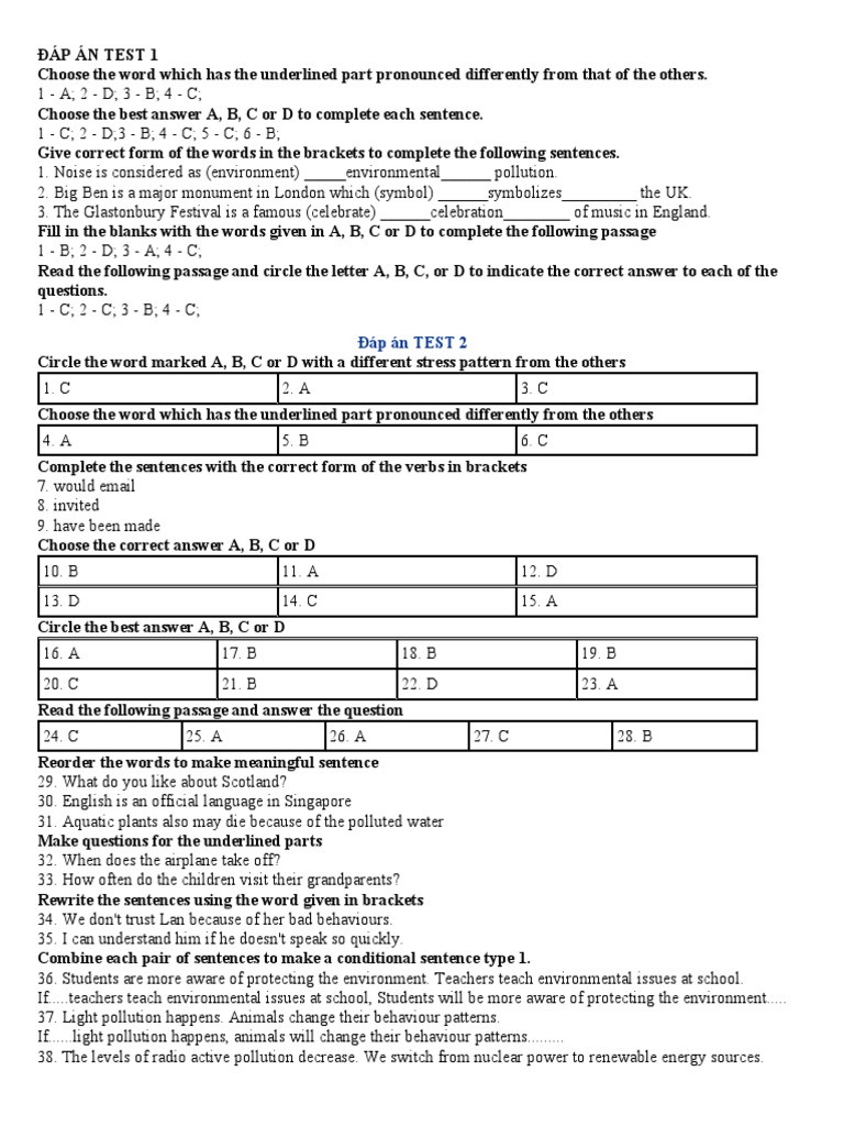Test Answers for English Language Exercises | PDF | Water | Pollution
