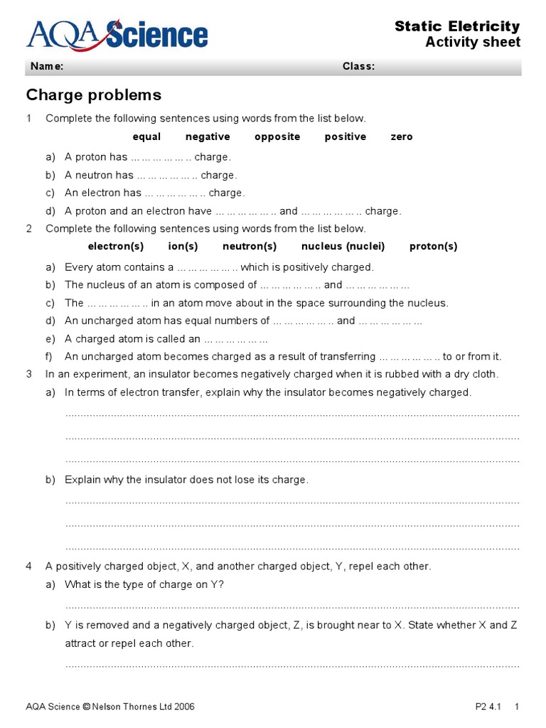 Static Electricity Worksheet | Download Free PDF | Electric Charge | Atoms