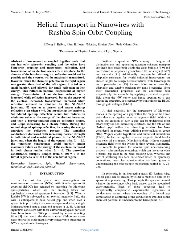 Helical Transport in Nanowires With Rashba Spin-Orbit Coupling | PDF | Electron | Superconductivity