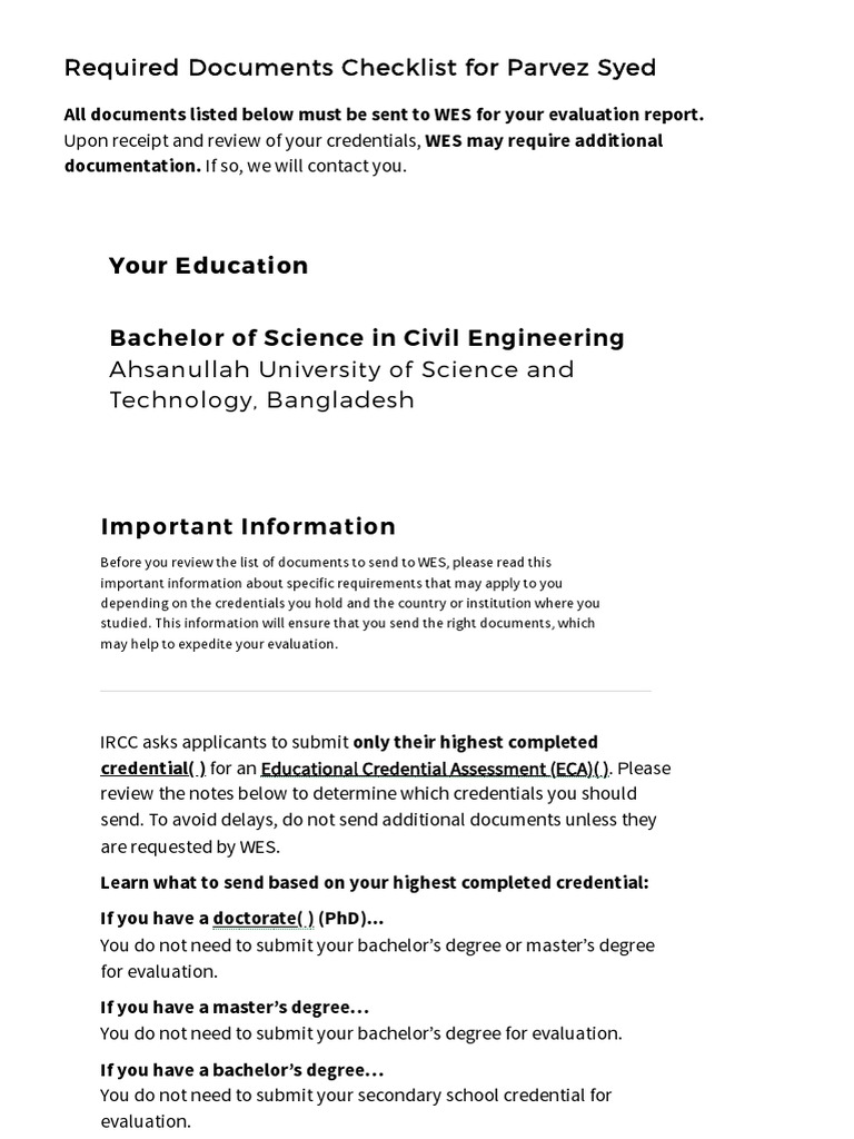 WES Document Checklist Guide | PDF | Academic Degree | Doctor Of Philosophy