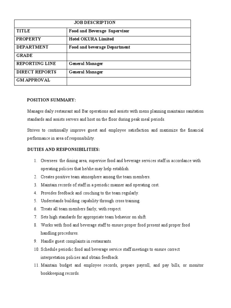 Job Description For Restaurant Manager | PDF | Foodservice | Restaurants