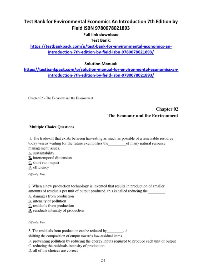 Test Bank for Environmental Economics | PDF | Economics | Sustainability
