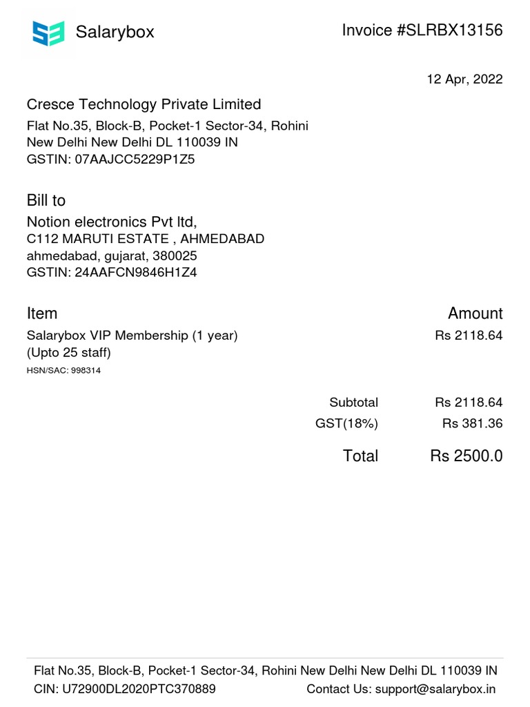 Salarybox Invoice for VIP Membership | PDF