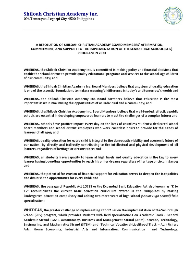 Board Resolution SHS For Checking | PDF | Science, Technology ...