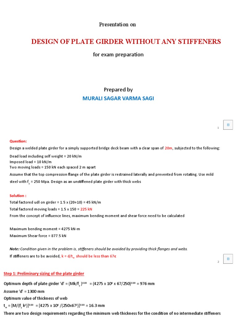 Design of Unstiffened Plate Girder | PDF | Buckling | Bending