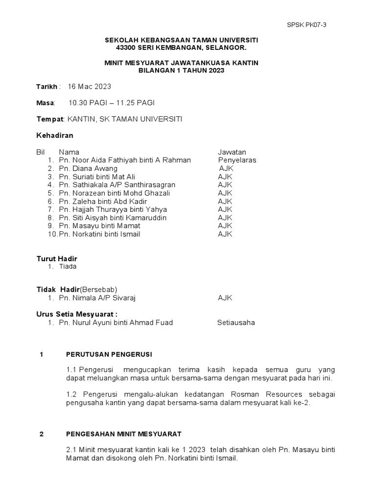 Minit Mesyuarat 1 2023 | PDF