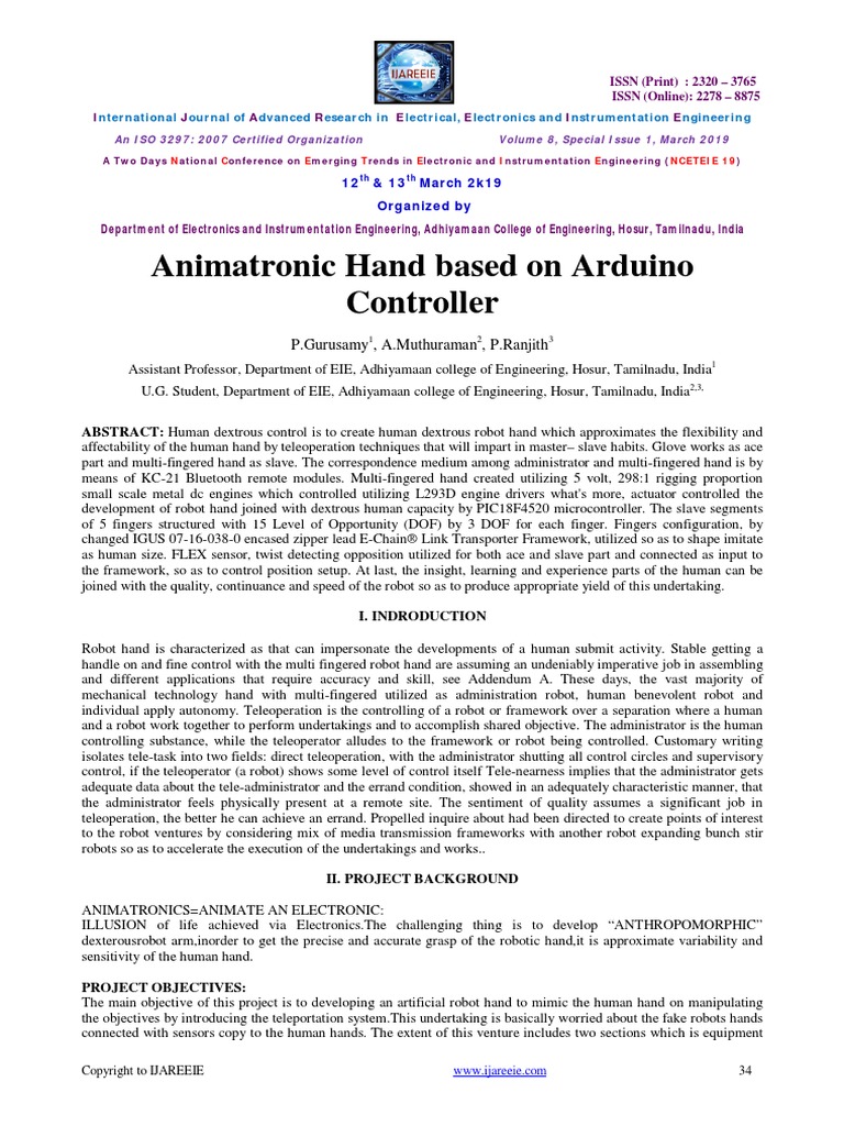 Animatronic Hand Based On Arduino Controller: P.Gurusamy, A.Muthuraman ...