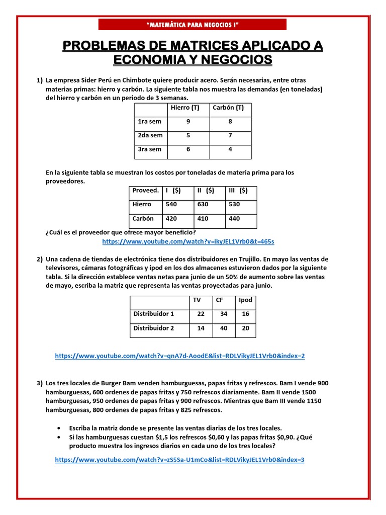 Problemas de Matrices Con Youtube | Descargar gratis PDF | Matriz (Matemáticas)