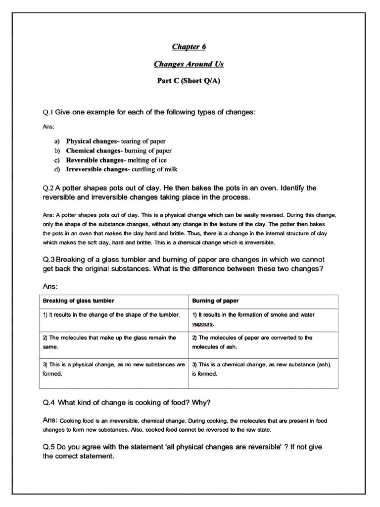 Grade 6 CH 6 Changes Around Us | PDF | Chemical Substances | Water