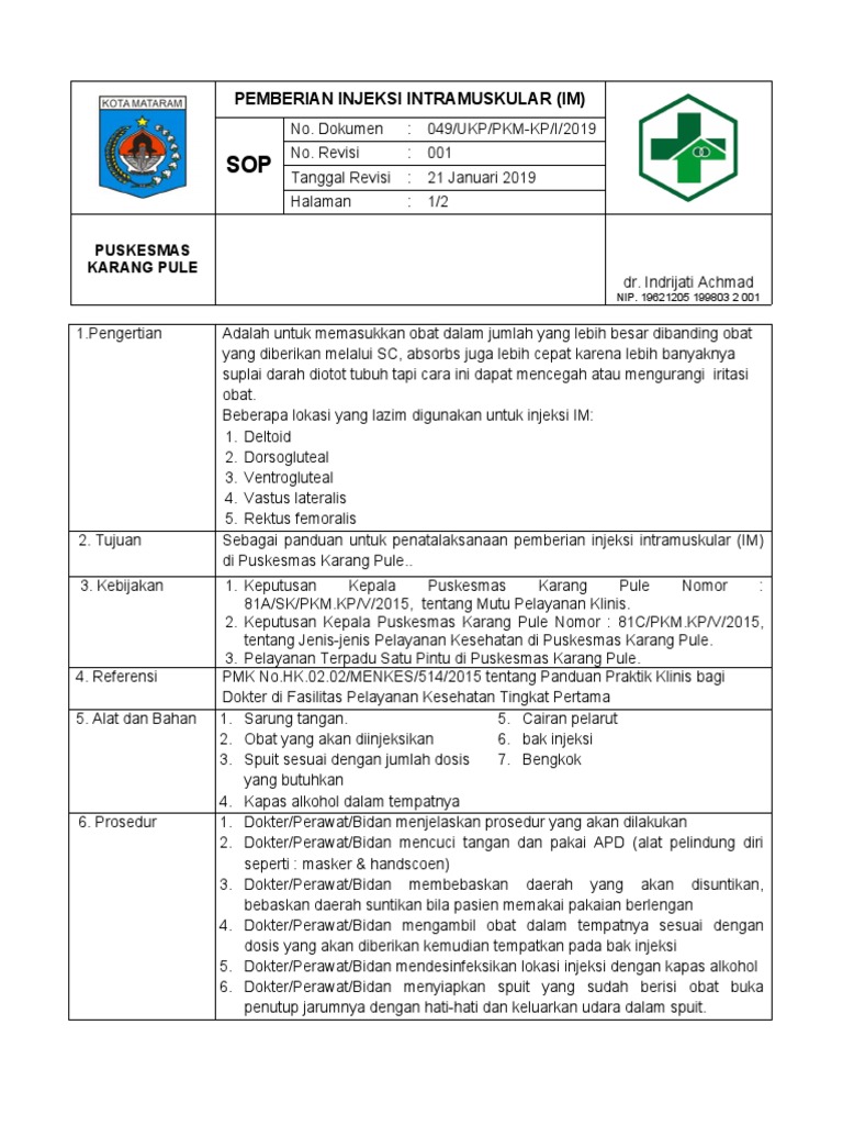 SOP PEMBERIAN INJEKSI INTRAMUSKULAR (IM) | PDF