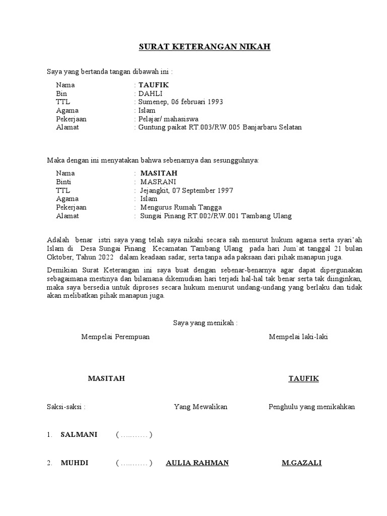 Contoh Surat Nikah | PDF
