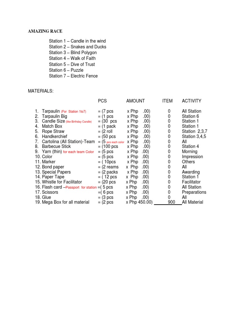Amazing Race Activity Stations Guide | PDF