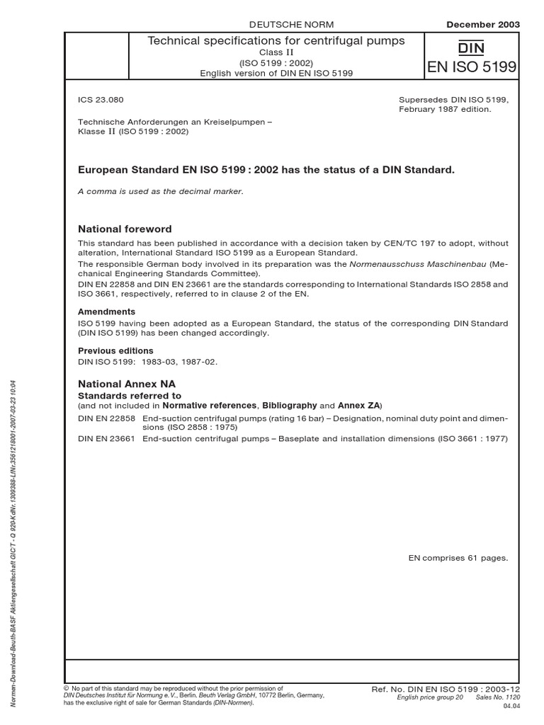 (ISO 5199) Technical Specification For Centrifugal Pumps (2002) | PDF ...