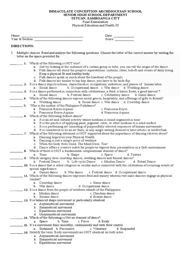 Final Exam Grade 12 PEH | Download Free PDF | Dances