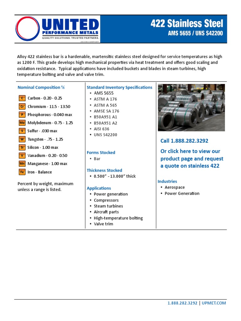 422 Steel Datasheet | PDF | Stainless Steel | Heat Treating