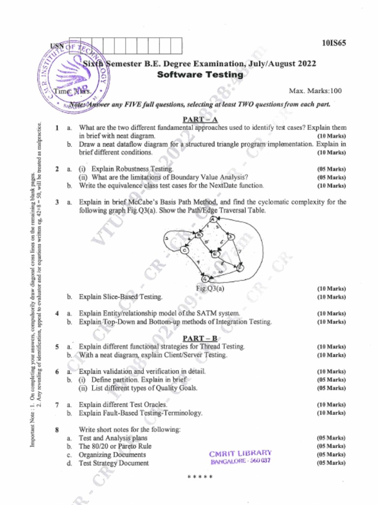 VTU Question Paper of 10IS65 Software Testing June-2022 | PDF