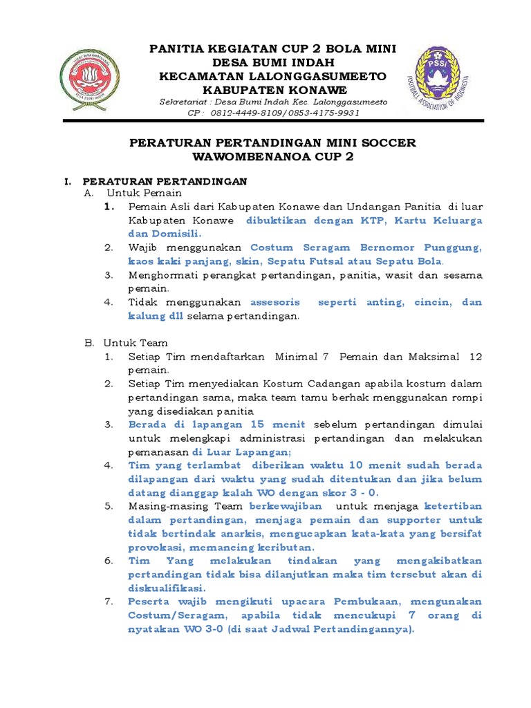 Peraturan Pertandingan Mini Soccer Wawombenanoa Cup 2 | PDF