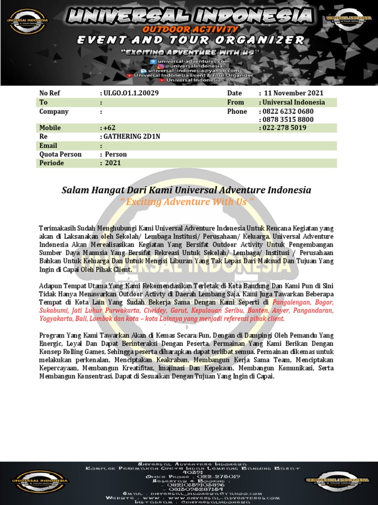 Gathering 2D1N Lembang: Paket Outbound & Adventure | PDF