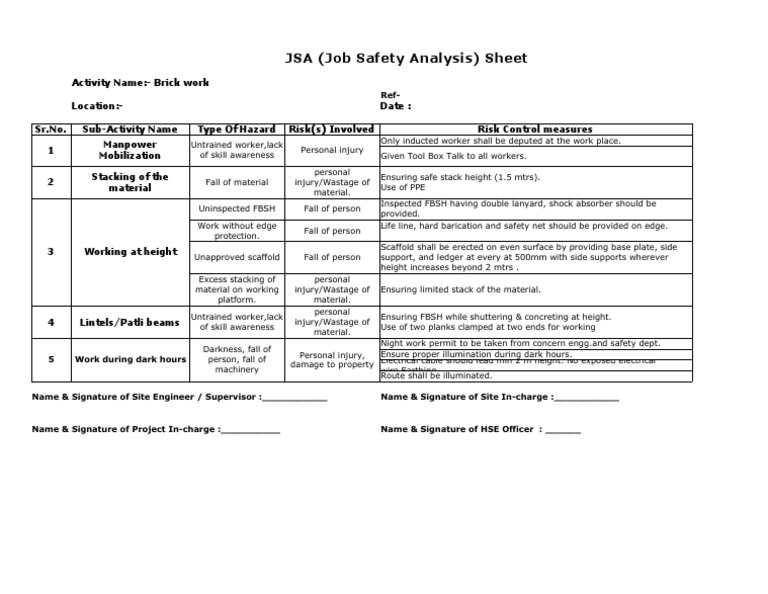 Brick Work JSA HSE Professionals | PDF | Scaffolding | Labor Relations Brick Work JSA HSE Professionals | PDF | Scaffolding | Labor Relations