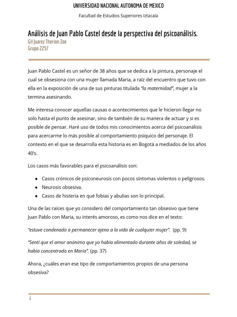 Análisis de Juan Pablo Castel Desde La Perspectiva Del Psicoanálisis ...