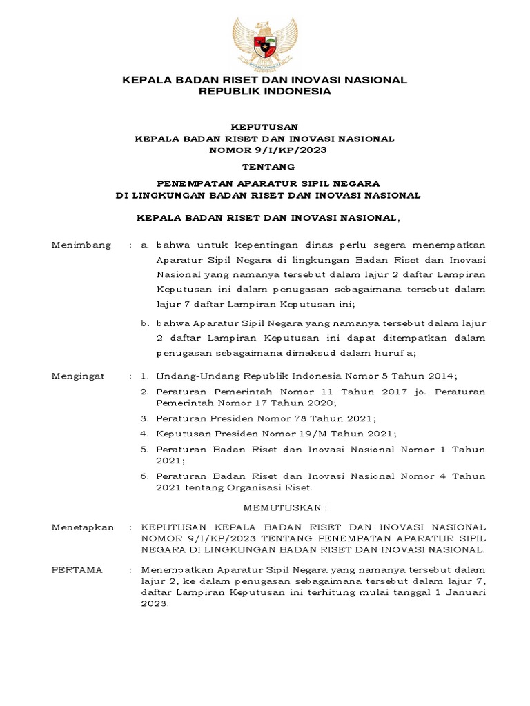 3ba3b - 34d73 - v49IKP2023 - SK Penempatan ASN Di Lingkungan BRIN 2023 | PDF