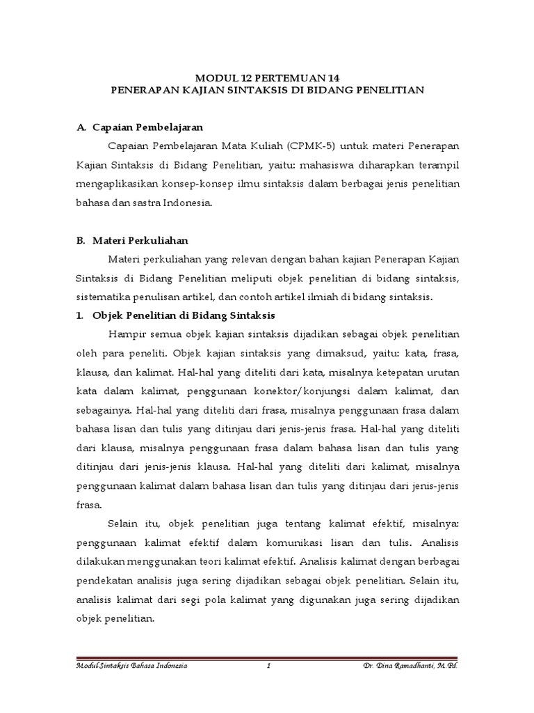 Modul Sintaksis 12 Pertemuan 14-Penerapan Kajian Sintaksis Di Bidang Penelitian | PDF | Seni ...