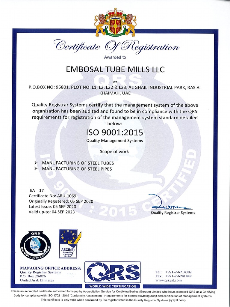 ISO 9001-2015 Certificate Till September 2023 EMBOSAL, UAE. | PDF