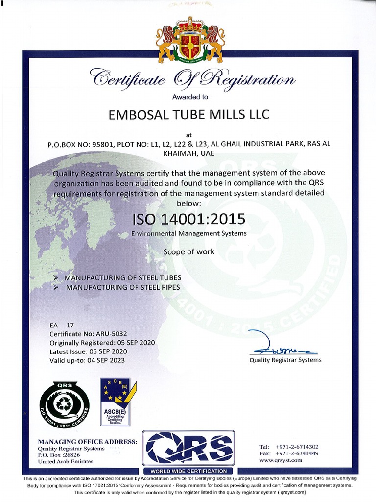 ISO 14001-2015 Certificate Till September 2023 EMBOSAL | PDF