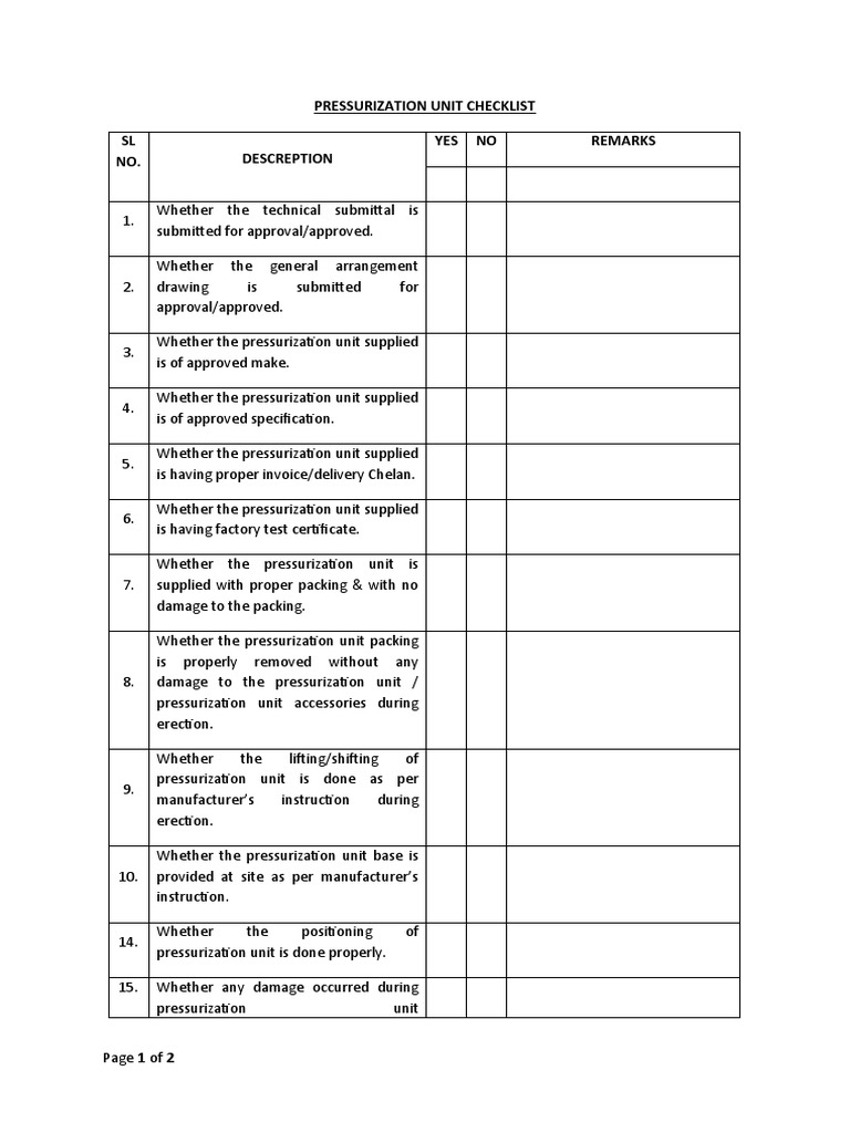 Pressurization Unit Checklist Pdf