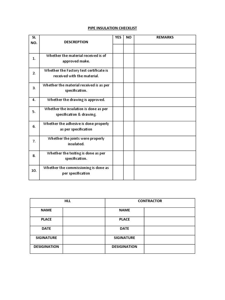 Pipe Insulation Checklist Pdf