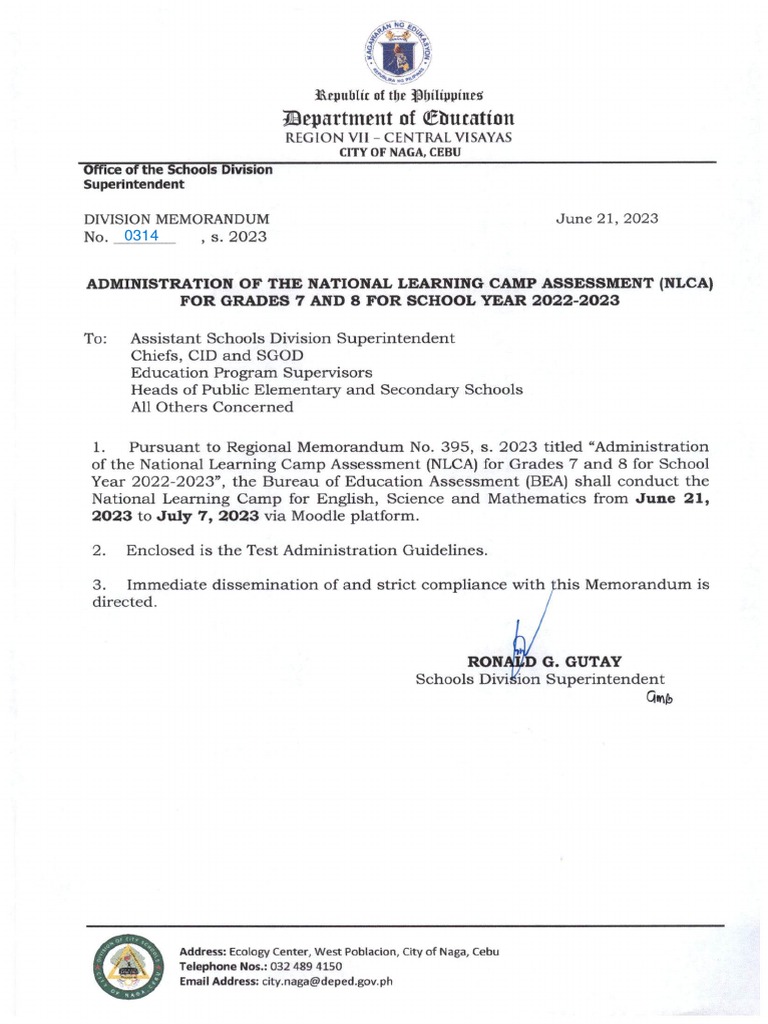 Division Memo 0314 Administration of The National Learning Camp ...