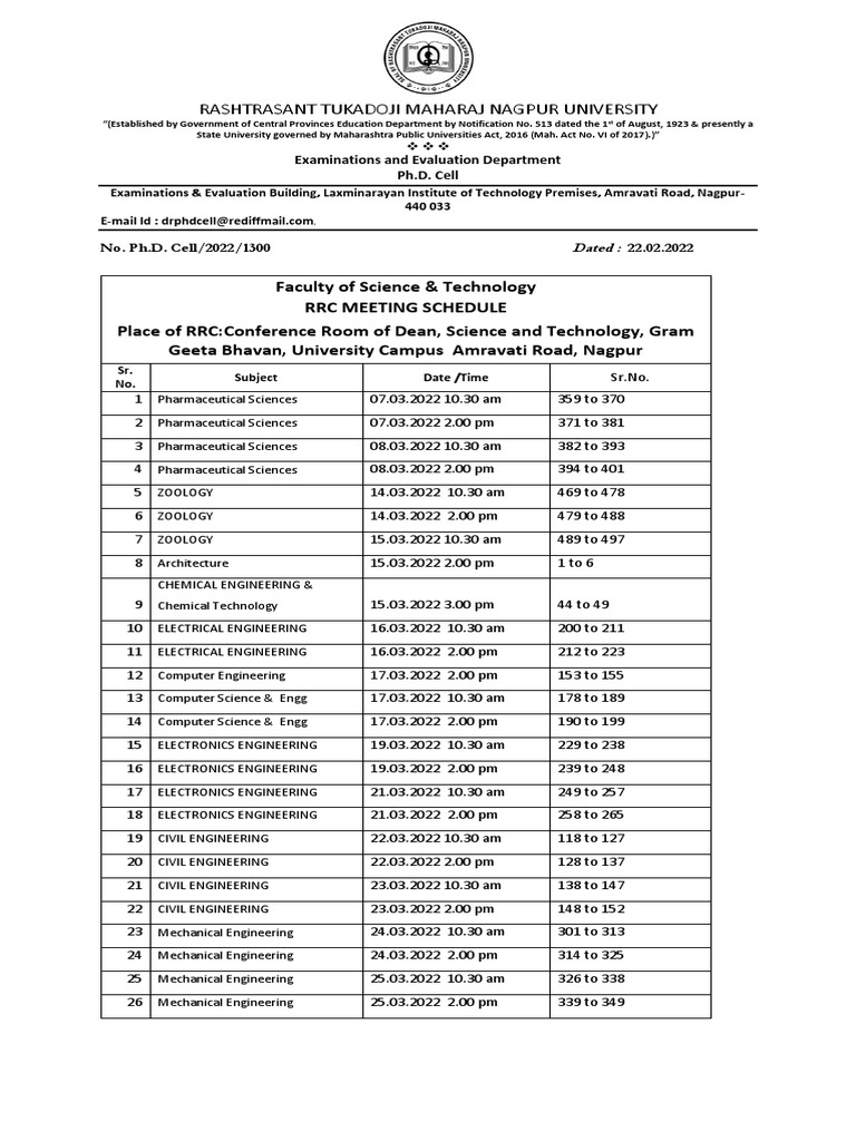 Time Table & Instruction For Candidate - Faculty of Sci & Tech | PDF ...